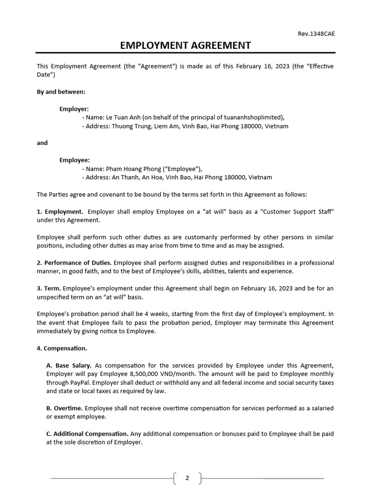 Employment Agreement Pdf Employment Trade Secret