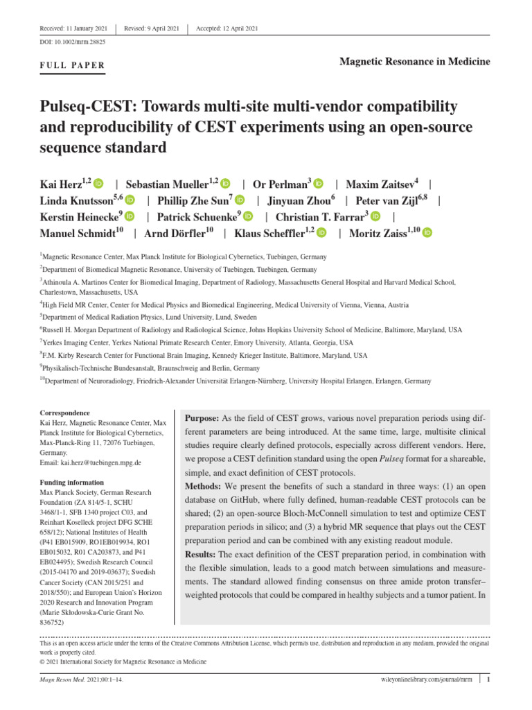 Pulseq - CEST Towards Multi - Site Multi - Vendor Compatibility | PDF | Magnetic Resonance ...