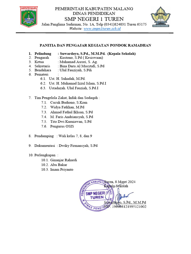SK Panitia Dan Pengajar Kegiatan Ramadhan 2024 | PDF | Sains & Matematika