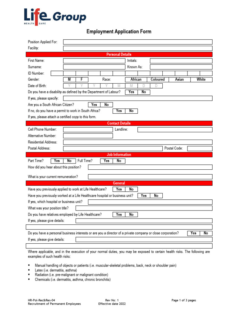 Employment Application Form 2022 | PDF | Health Care
