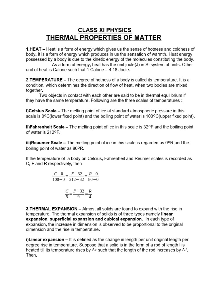 XI PHYSICS.THERMAL PROPERTIES OF MATTER | PDF | Thermal Expansion | Heat
