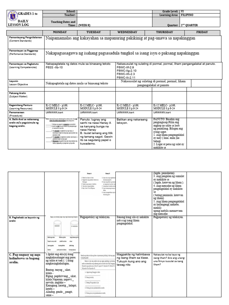 DLL - Filipino 6 - Q2 - W8 | PDF