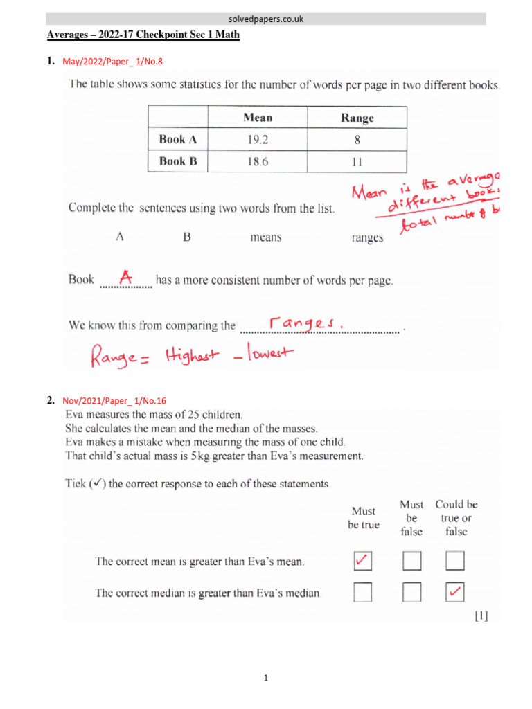 2022 17-Averages-Checkpoint Sec 1-Mathematics Solved | PDF