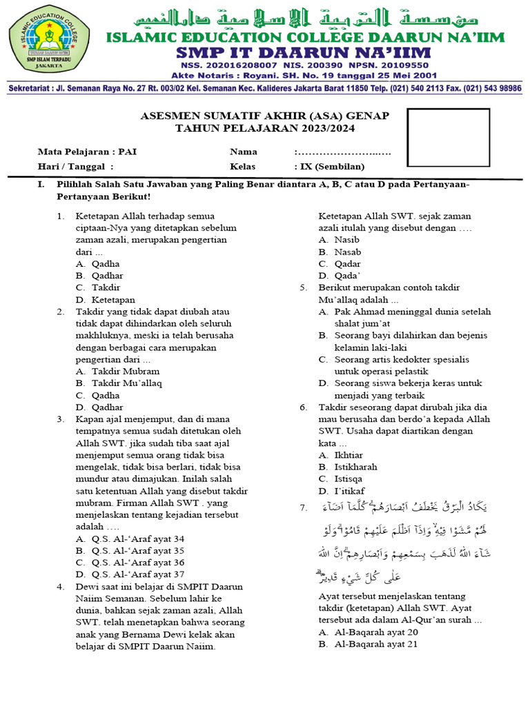Soal ASA GENAP PAI KELAS 9 2024 | PDF