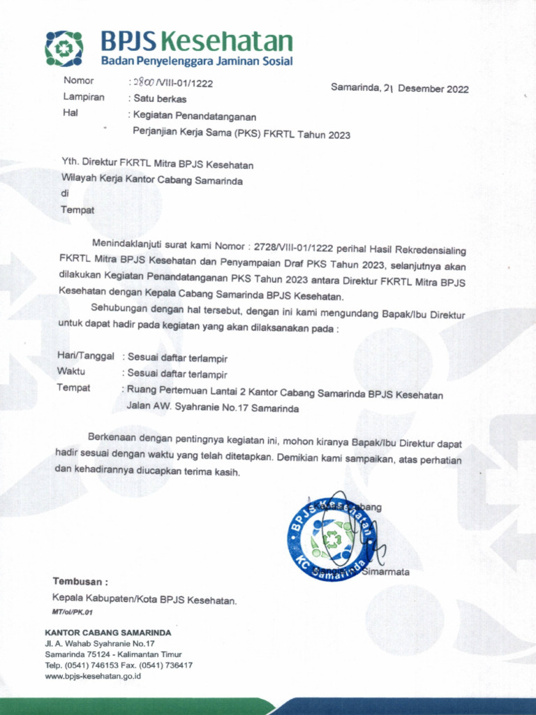 Undangan Penandatanganan PKS FKRTL Tahun 2023 | PDF