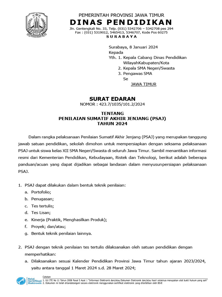 Panduan PSAJ 2024 untuk SMA Jawa Timur | PDF