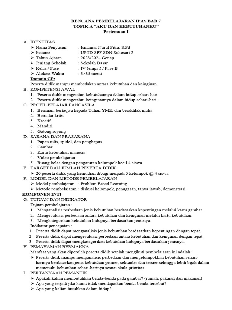 RPP Ipas Kelas 4 | PDF