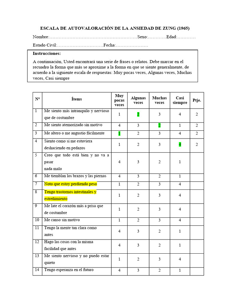 Protocolo de Respuestas Zung - ANSIEDAD | PDF | Ansiedad