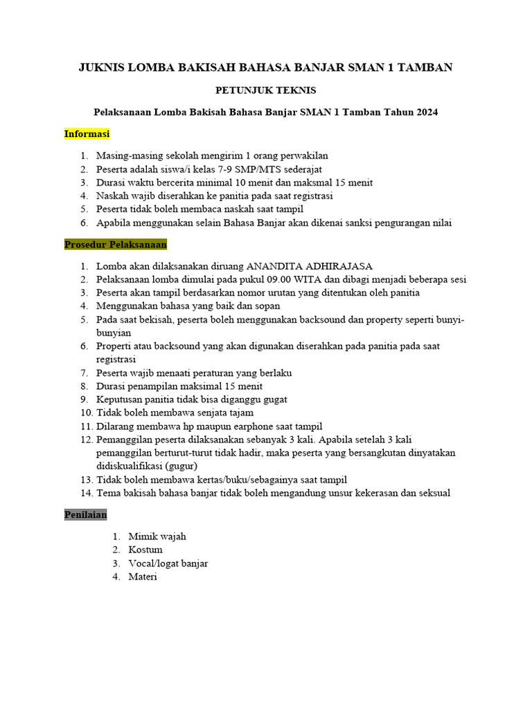 Teknis Pelaksanaan Lomba Bakisah Bahasa Banjar | PDF