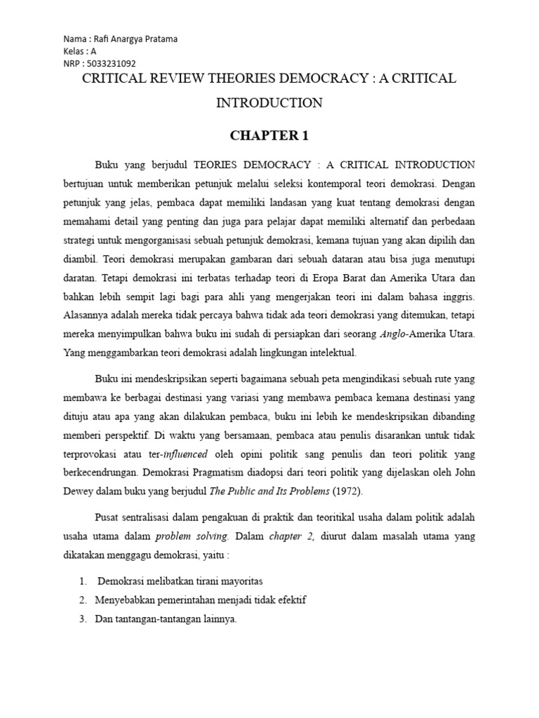 Critical Review Theories Democracy: A Critical: Nama: Rafi Anargya ...