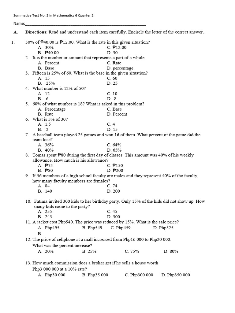 Summataive Test in MAthematics 6 | PDF | Percentage | Economies