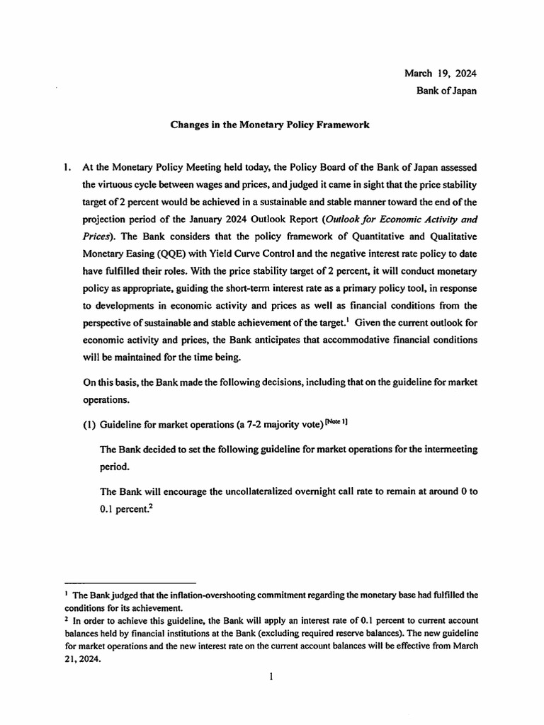 BOJ Monetary Policy Statemetn - March 2024 Rate Hike | PDF