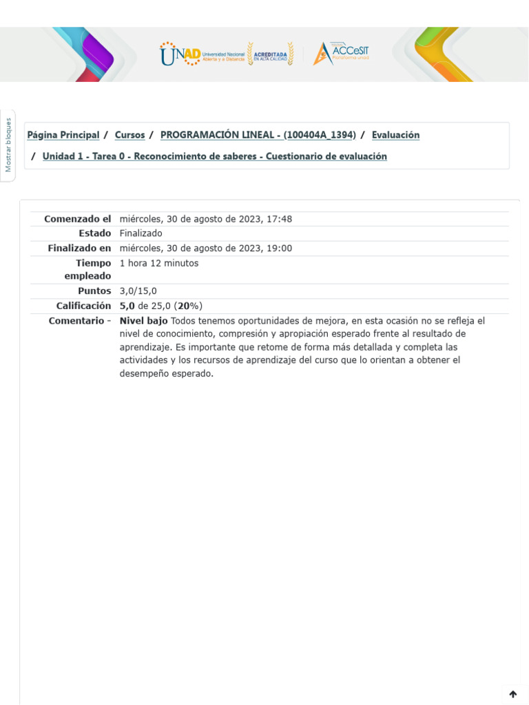 Unidad 1 - Tarea 0 - Reconocimiento de Saberes - PROGRAMACIÓN LINEAL - Visión Del Intento | PDF ...