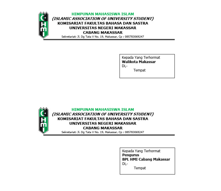 Surat untuk Walikota dan BPL HMI | PDF