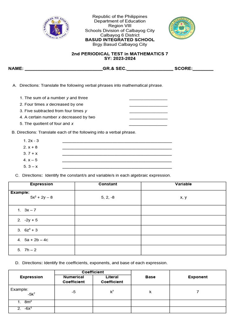 2nd Periodical Math 7 | PDF | Variable (Mathematics) | Mathematics