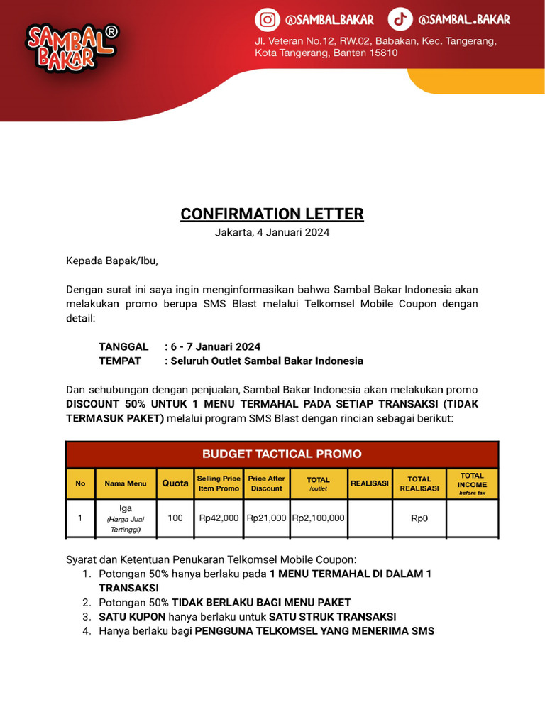 Confirmation Letter - SMS Blast 6-7 Januari | PDF
