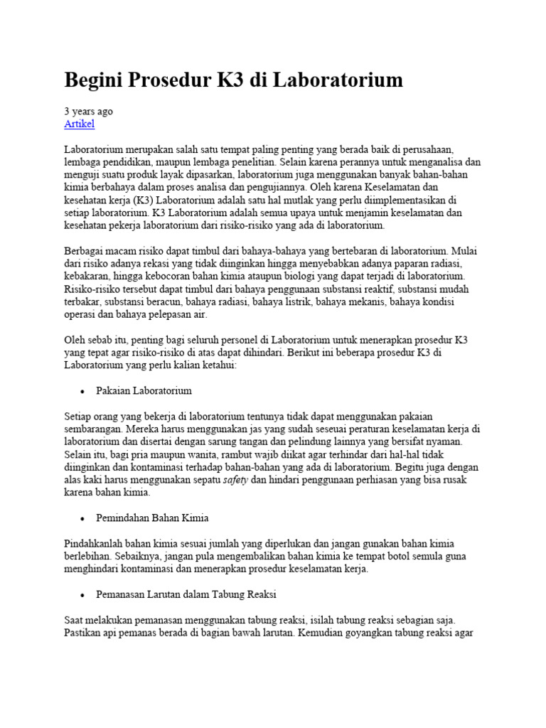 Begini Prosedur K3 Di Laboratorium | PDF