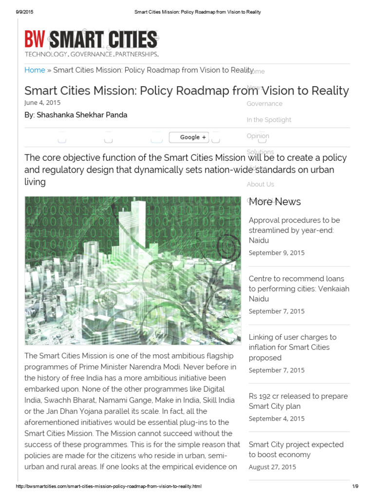 Smart Cities Mission Policy Roadmap From Vision To Reality | PDF ...