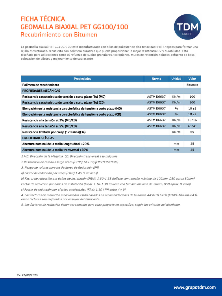 Ficha Técnica de Geomalla Biaxial PET GG100/100 | PDF | Sector ...