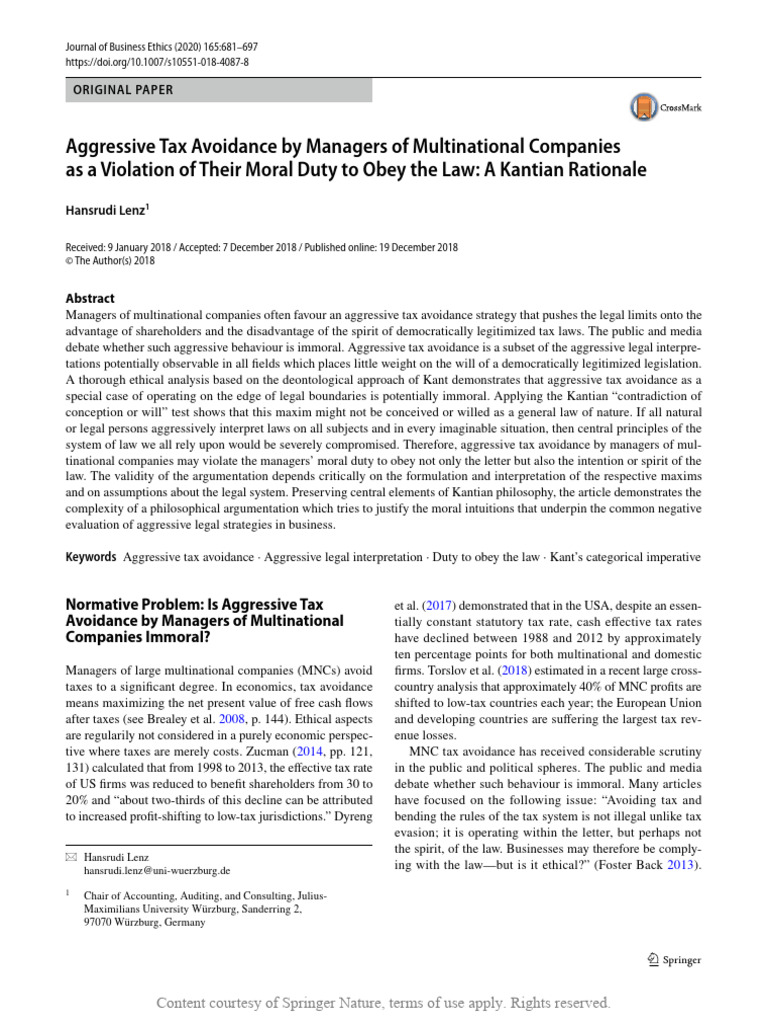Aggressive Tax Avoidance by Managers of Multinatio | PDF | Tax ...