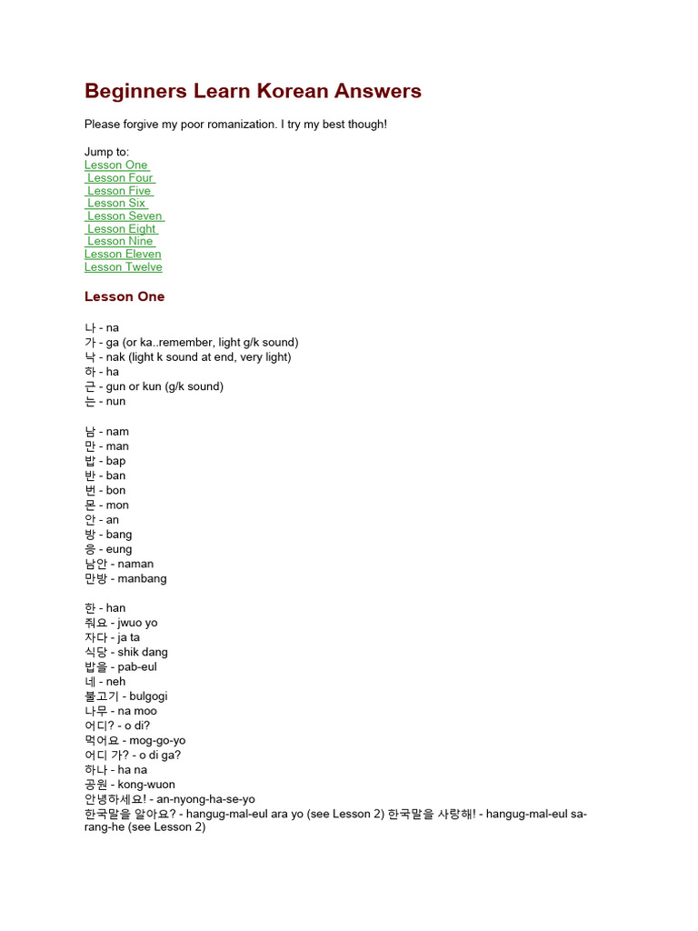 Beginners Learn Korean Answers | PDF