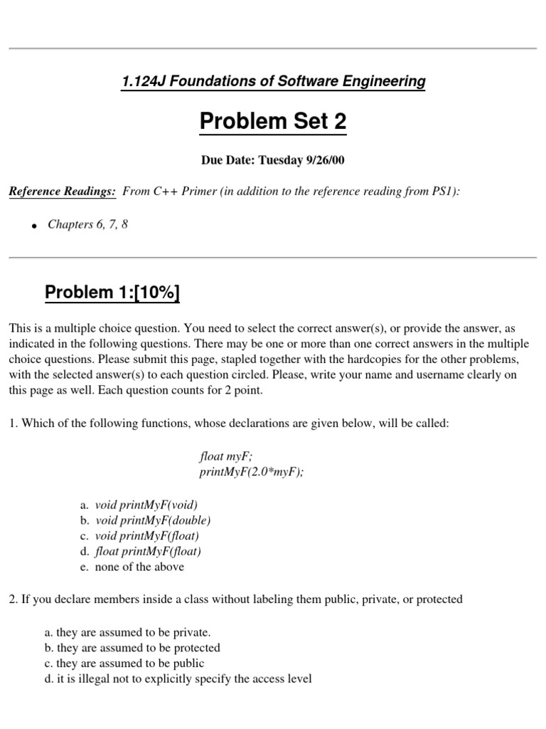 1 124j Foundations Of Software Engineering Problem Set 2 Pdf Method Computer Programming