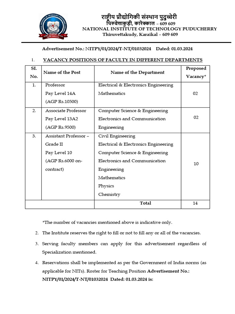 Details of Vacancy - NITPY 01.03.2024 | PDF | Engineering | Physics