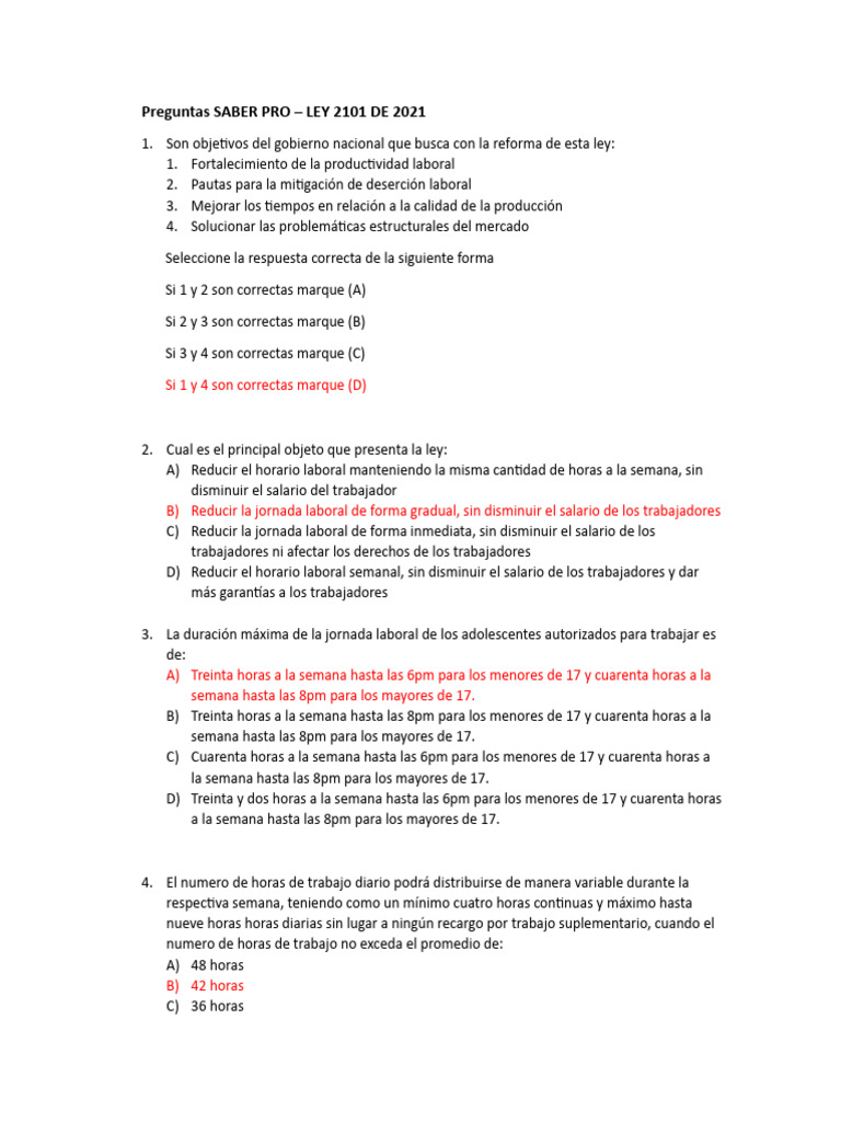 Preguntas SABER PRO respuestas | PDF | Derecho laboral | Tiempo de trabajo
