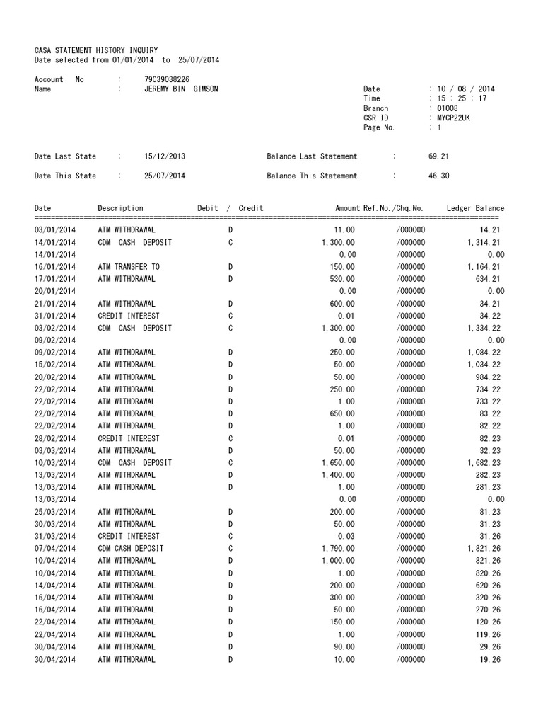 Bank Statement Sample | PDF | Automated Teller Machine | Cash