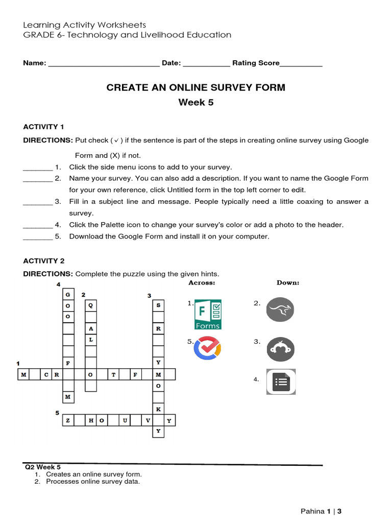 Create An Online Survey Form Week 5: Learning Activity Worksheets GRADE ...