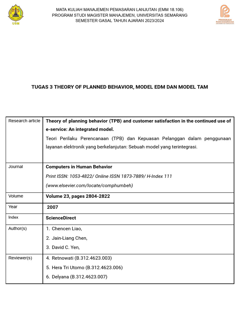 Kel. 5 - Tugas 3 Theory of Planned Behavior, Model Edm Dan Model Tam | PDF