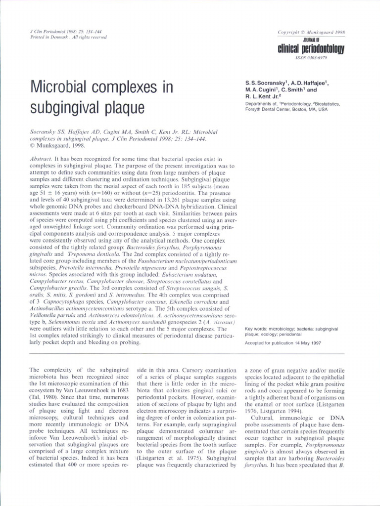 1998 - Socransky - Microbial Complexes in Subgingival Plaque | PDF ...