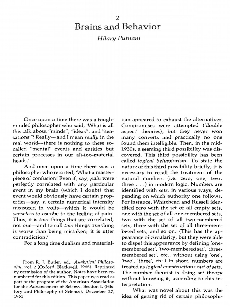 Putnam, - Brains and Behavior | PDF | Mind | Thought