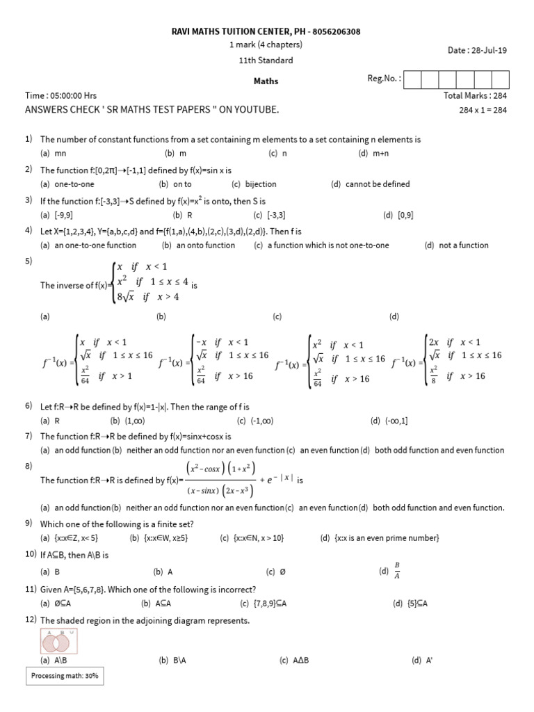 Namma Kalvi 11th Maths 4 Chapters 1 Mark Question Paper em | PDF ...
