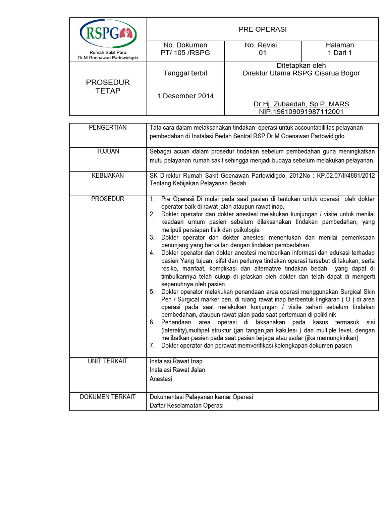 Prota 105 Rev 01 Pre Operasi Revisi Terbaru | PDF