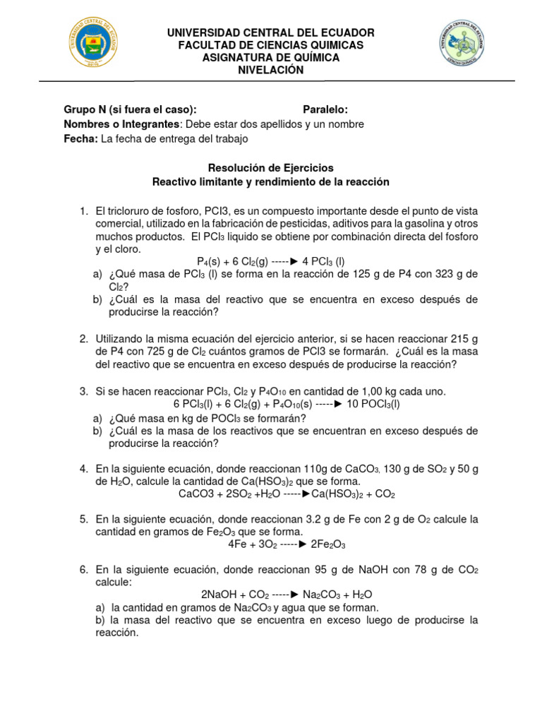 Taller 9 Reactivo Limitante y Rendimiento de La Reacción | PDF | Reacciones químicas | Amoníaco