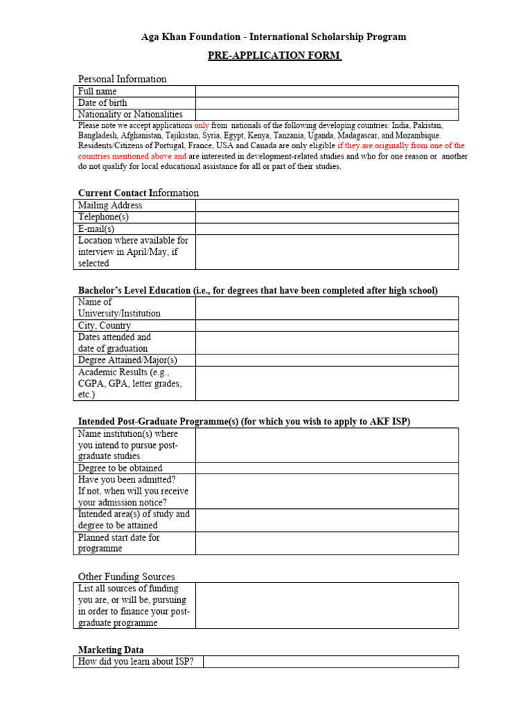 AKF ISP Pre-Application Form | PDF | Career & Growth