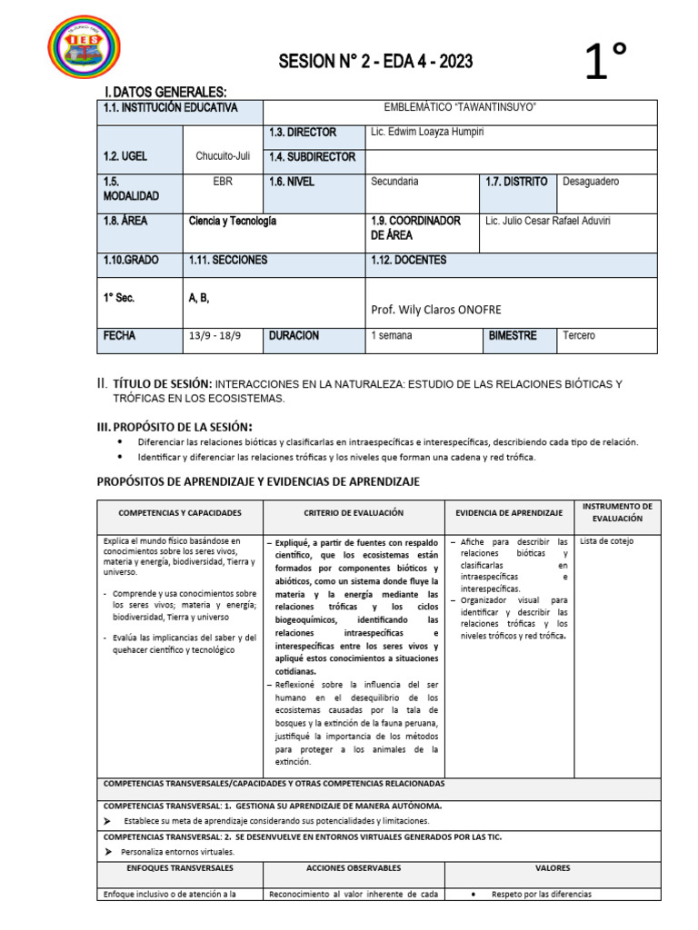 1° SESION Semana 2 Explica EDA 4 CYT 2023 Santillana | PDF | Red alimentaria | Entorno natural