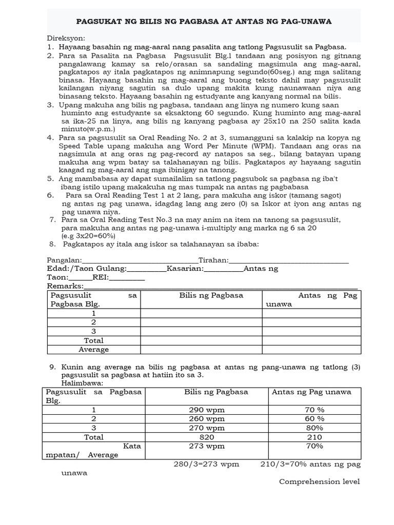 Pagsukat NG Bilis NG Pagbasa at Antas NG Pag Unawa | PDF Pagsukat NG Bilis NG Pagbasa at Antas NG Pag Unawa | PDF
