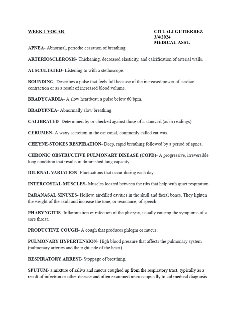 Medical Terminology Week 1 Vocabulary | PDF