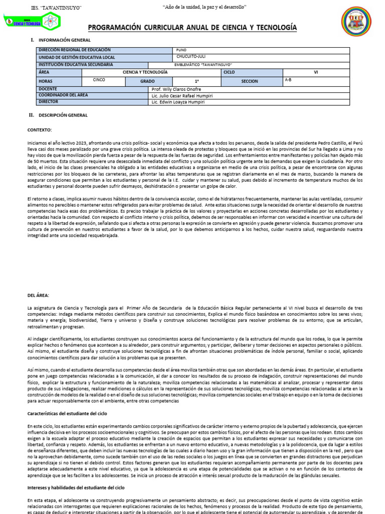 Programación Anual de 1ro Sec CyT Tawa 2023 | PDF | Aprendizaje | Importar