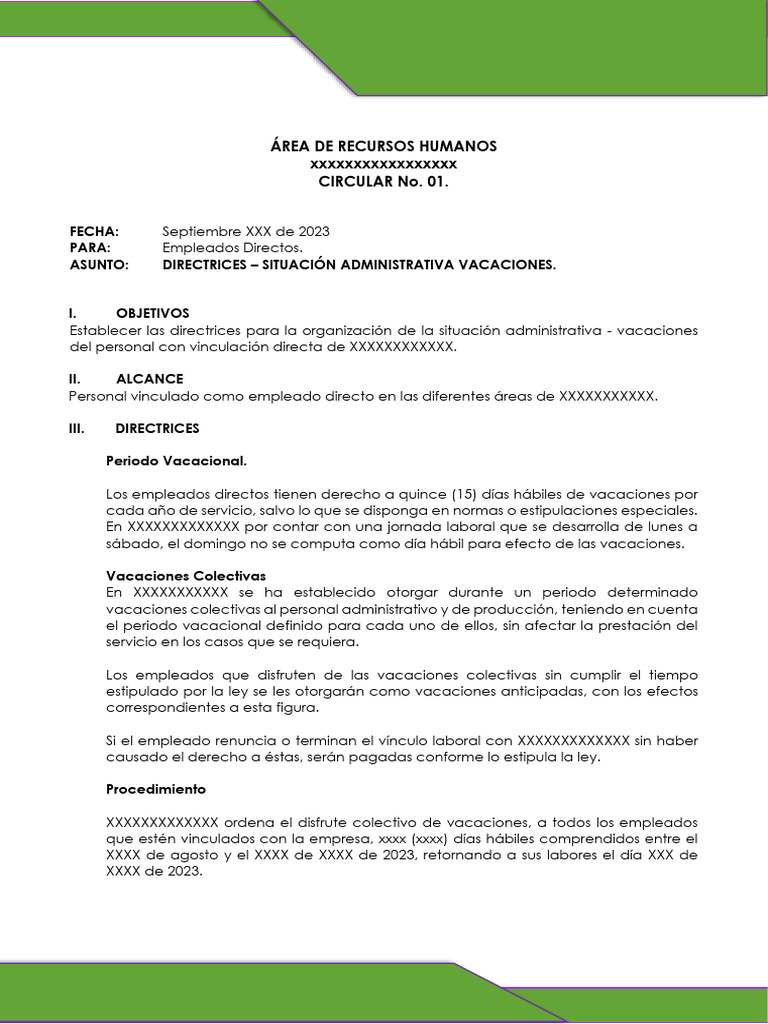 CIRCULAR No. 01. VACACIONES COLECTIVAS | Descargar gratis PDF | Derecho laboral