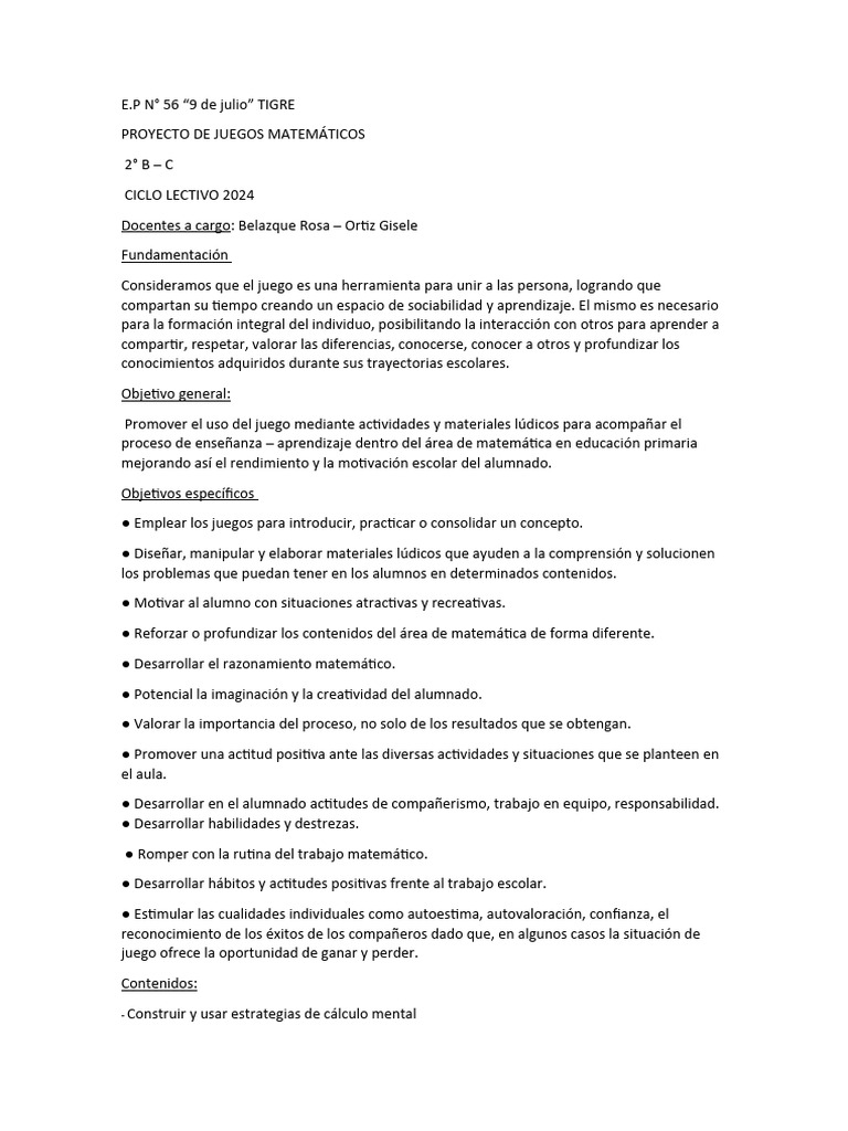 Proyecto Juegos Mat. 2024 | PDF | Aprendizaje | Enseñando