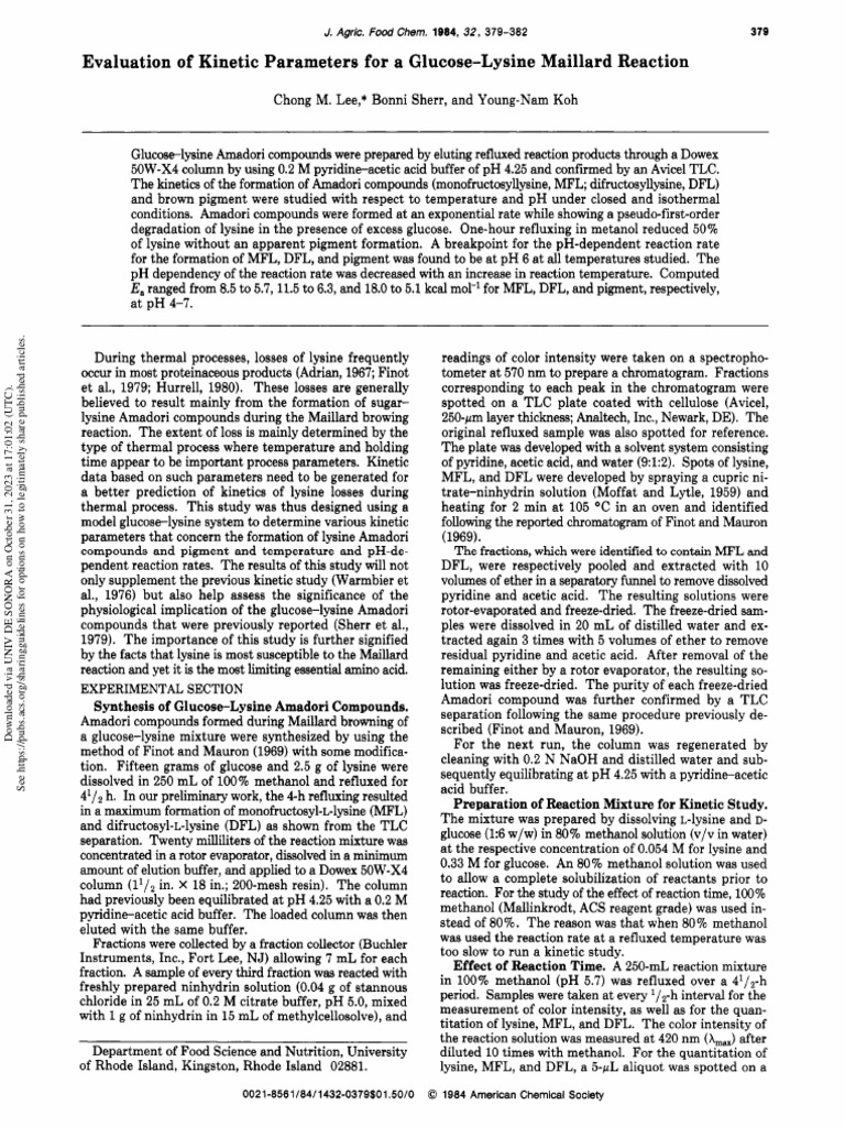 Lee Et Al 2002 Evaluation of Kinetic Parameters For A Glucose Lysine ...
