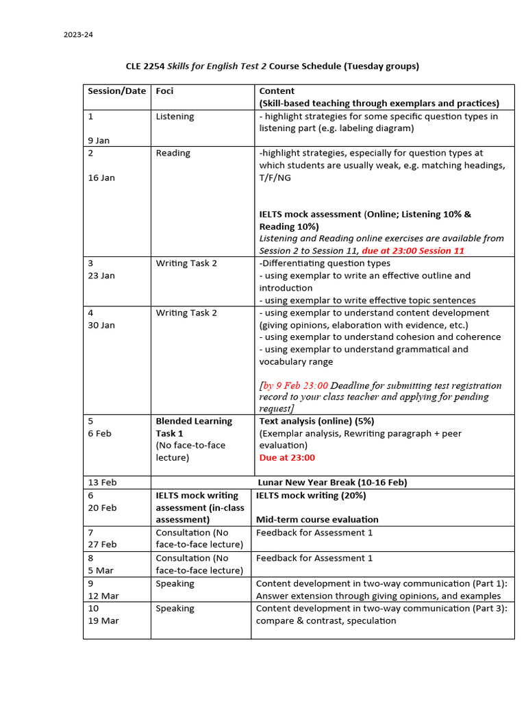 IELTS Skills Course Schedule 2023-24 | PDF | International English ...