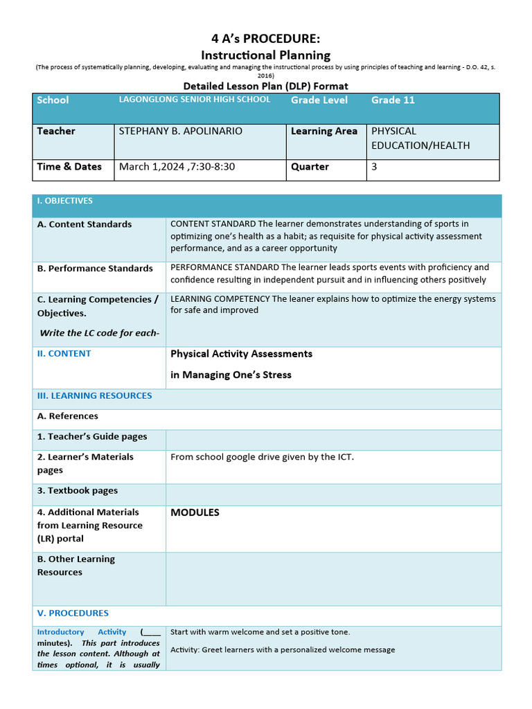 Grade 11 PE Lesson Plan Template | PDF | Learning | Lesson Plan