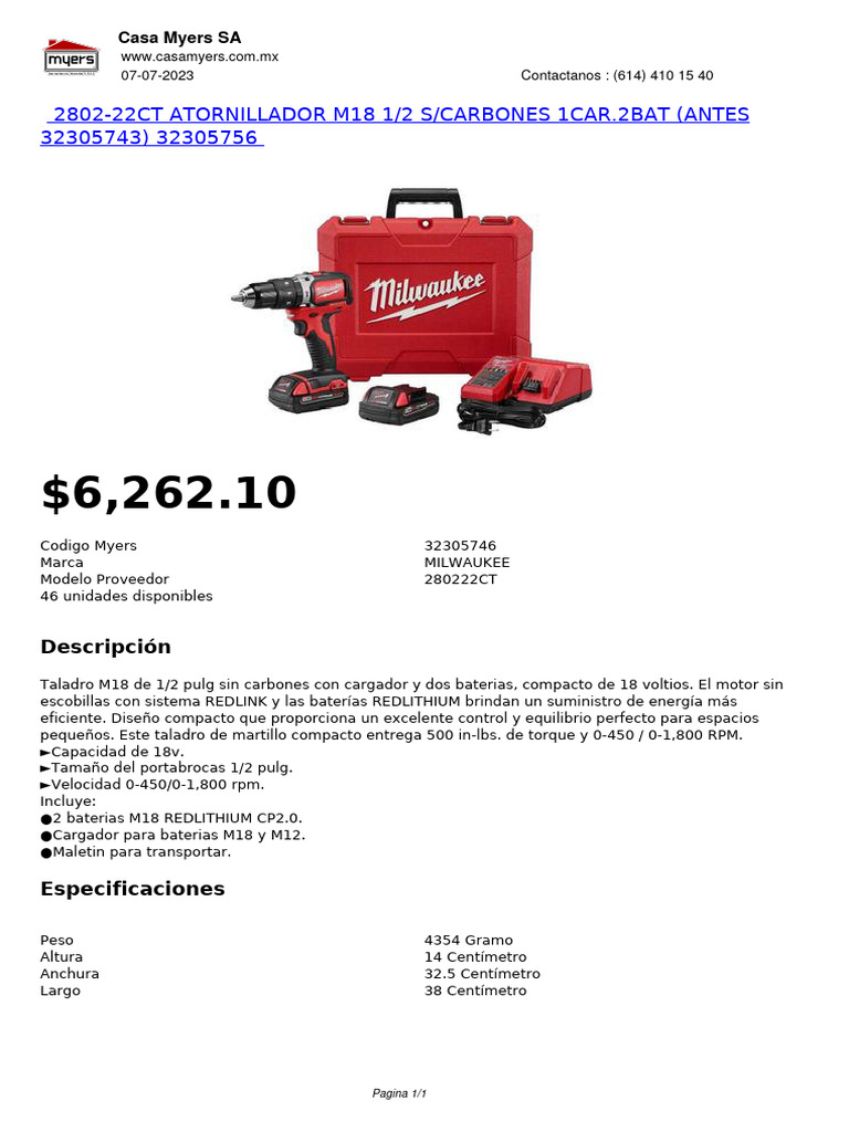 Atornillador M18 Milwaukee - Ficha Tecnica | PDF