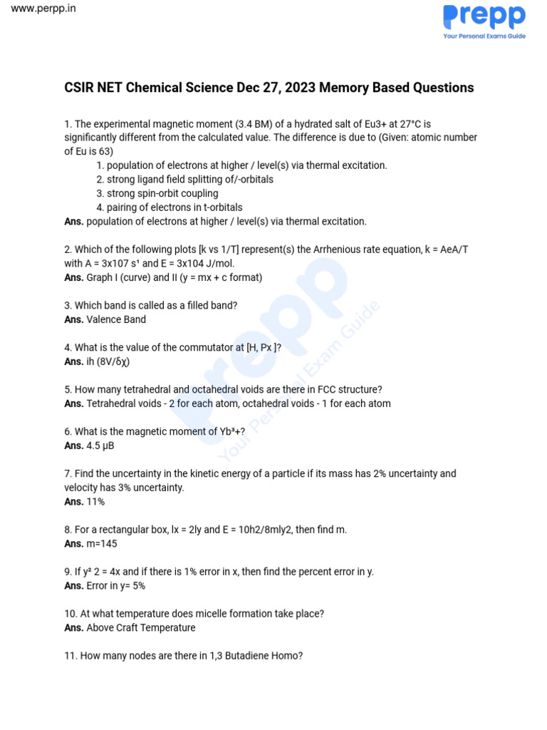 CSIR NET Chemical Science Dec 27 2023 Memory Based Questions 1 1 | PDF