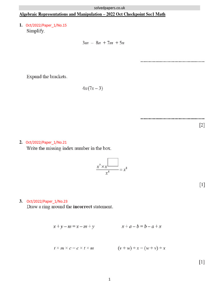 2022 Oct Algebraic Representations and Manipulation Checkpoint Sec1 ...