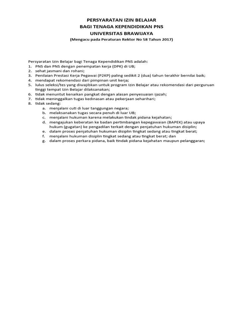 Persyaratan Dan Kelengkapan Izin Belajar PNS UB | PDF